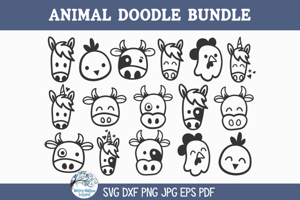 Animal Doodles Bundle SVG | Chicken, Rooster, Cow, Horse, Unicorn Face ...