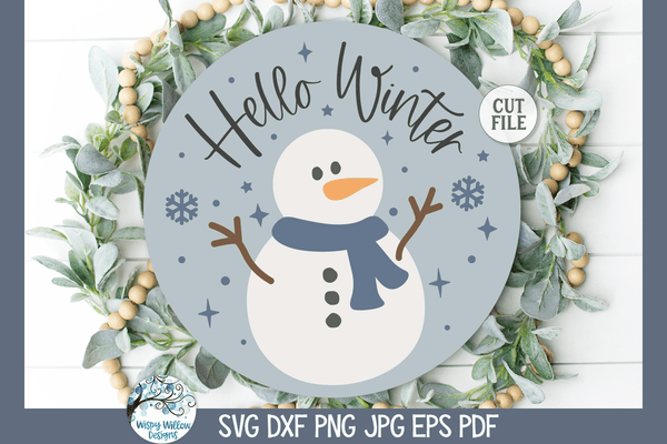 Hello Winter SVG | Round Snowman Sign – Wispy Willow Designs